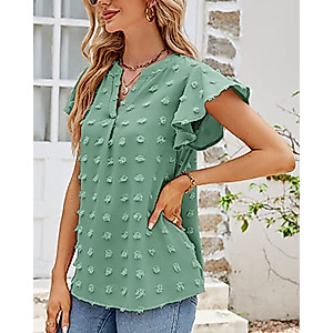 Womens Summer Casual V Neck Tops Ruffle Short Sleeve Tunic Swiss Dot Dressy Flowy Blouses Shirts 2023 Light Green