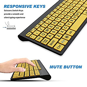 HXMJ-Wireless Large Print Keyboard and Mouse Combo with USB Receiver for Seniors and Visually Impaired Low Vision Individuals-Yellow