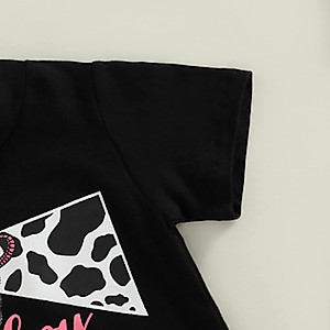 Toddler Western Baby Girl Clothes Bell Bottom Outfit Short Sleeve Letter Tops Cow Print Flare Pant Sets Cowgirl Outfits (D-Black, 4-5 Years)