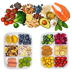 TeTeBak Bento Box - 6-Compartment Reusable Bento Lunch Box for School, Work, and Travel, Food Prep Containers, Snack Containers for Kids, Portion Control Bento Lunch Box for adult, Set of 2, Clear