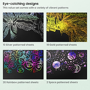 ARTEZA Scratch Paper, Set of 42 Sheets, 10.9 x 8.2 Inches, Includes 4 Unique Patterns, 4 Scratchers, 4 Stencils, 4 Post Cards