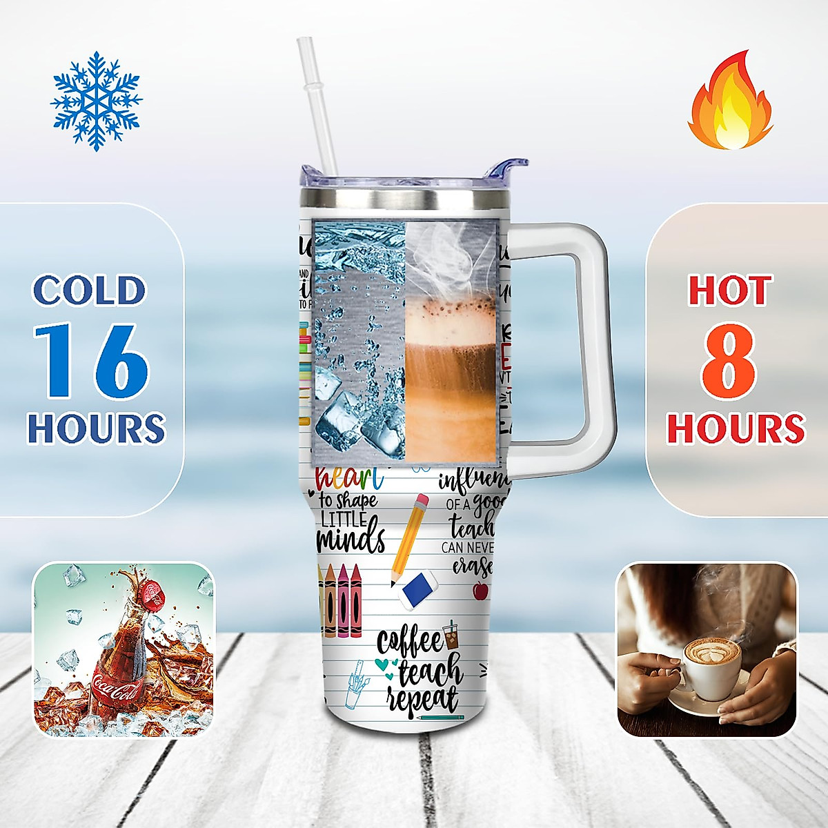 qoepfnsh Teacher Tumbler 40 oz Tumbler with Handle Teacher Travel Coffee Mug Cup Water Bottle Stainless Steel Insulated 40oz Tumblers with Lid and Straw Teacher Gifts for Women