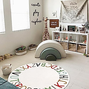 Topotdor Rainbow Round Kids Play Rug,Upside Down Alphabet Nursery Rug Extra Large Soft Crawling Play Mat for Children Toddlers Bedroom (47 inch, Multi Color)