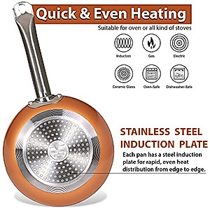 FOOD BOUTIQUE Copper Nonstick Ceramic Frying Pan with lid – 8-inch Egg Cooking Pan with tamper glass lid