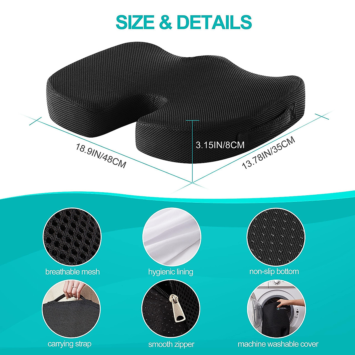 VIGBOAT Seat Cushion, Office Chair Cushions for Long Sitting, Memory Foam Butt Pillow with Handle, Ergonomic Coccyx, Sciatica, Hip, Back, Tailbone Pain Relief Pad for Desk Chair, Wheelchair, Car Seat