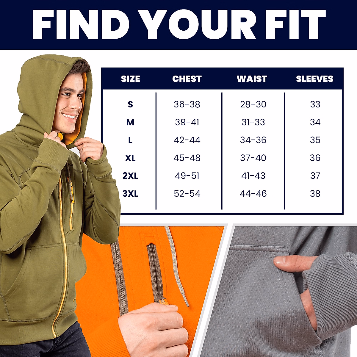 RTIC Mens Water-Repellent Zip Up Hoodie, Long Sleeve Hooded Zip Sweatshirt Jacket Water Resistant Outdoor Clothing, Granite, XL