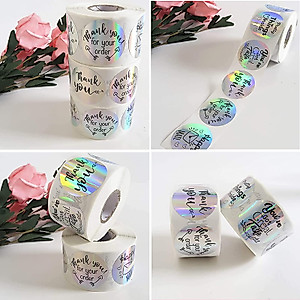 Flosius 500 PCS Thank You Stickers 5 Different Design Rainbow Holo Stickers Holographic Silver Roll Business Thank You Label for Small Business Packaging Supplies