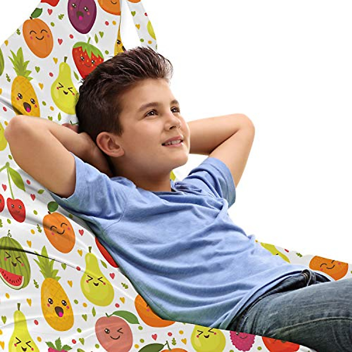 Ambesonne Fruits Lounger Chair Bag, Smiling Banana Funny Mulberry Happy Apricot Peach Hearts Lemons Theme, High Capacity Storage with Handle Container, Lounger Size, Multicolor