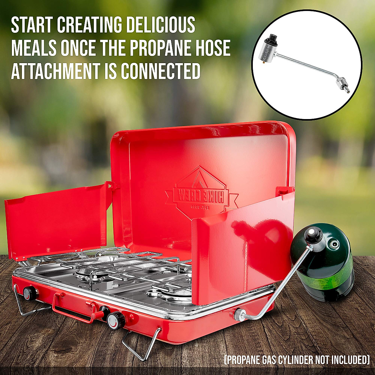 Hike Crew Gas Camping Stove | 20,000 BTU Portable Propane 2 Burner Stovetop | Integrated Igniter & Stainless Steel Drip Tray | Built-in Carrying Handle, Foldable Legs, Wind Panels | Includes Regulator