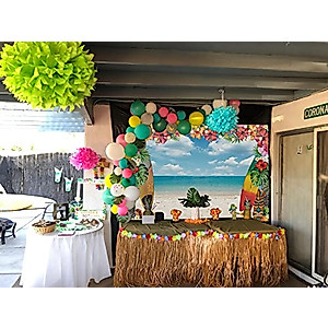 Summer Hawaii Beach Backdrop 7x5FT Aloha Tropical Palm Flower Blue Sky Ocean Surfboard Hawaiian Photography Background Baby Shower Birthday Party Decor Luau Photoshoot Tiki Photo Booth Props
