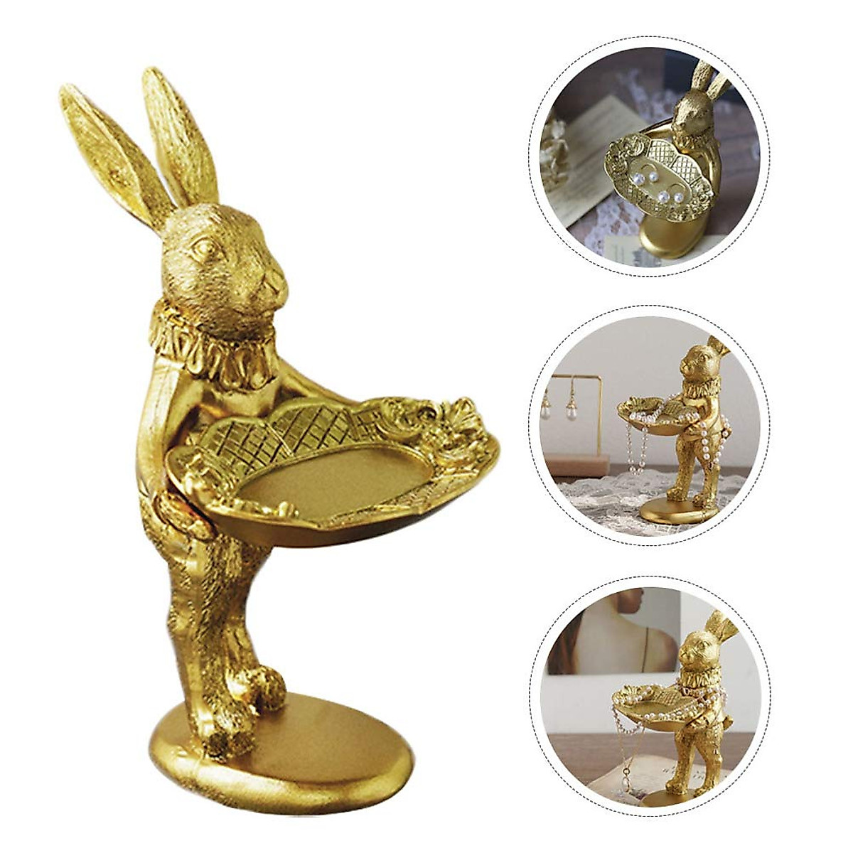 BESTOYARD Retro Jewelry Tray Ring Dish Golden Easter Bunny Figurine Spring Easter Tabletop Decoration Resin Rabbit Statue Jewelry Organizer Trinket Plate for Home