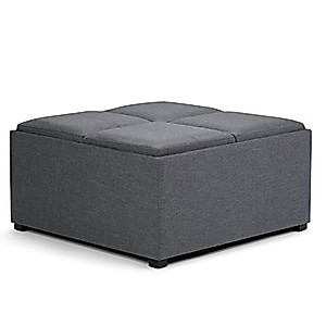 SIMPLIHOME Avalon 35 inch Wide Contemporary Square Coffee Table Storage Ottoman in Slate Grey Linen Look Fabric for the Living Room and Bedroom