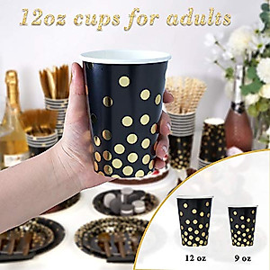 DECORLIFE Black Paper Plates, 400PCS Serves 50, Black and Gold Plates and Napkins Party Supplies, 12oz Cups, Utensils, Straws for Graduation Homecoming Retirement Anniversary Birthday Party