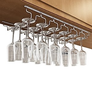 V3VOGUE Steel Under Cabinet Wine Glass Holder Rack, Stemware Holder, 3/4/5/6/7/8 Row Glasses Storage Hanger, Hanging Champagne Goblets Holders, with Screws (Row : 6Row, Size : Width: 28cm)