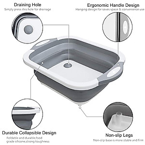 Seagomall Collapsible Cutting Board, Space Saving 3 in 1 Multifunctional Chopping Board, Fruit & Vegetable Container Basket, Washing & Drain Basket for Camping & Picnic & Kitchen, Grey & White, XL