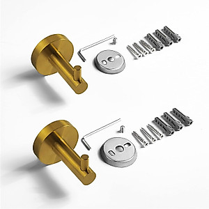 HITSLAM Gold Towel Hooks for Bathroom Wall Mounted, Brushed Brass Wall Mount Hooks Heavy Duty Premium SUS 304 Stainless Steel Rustproof 2 Pack