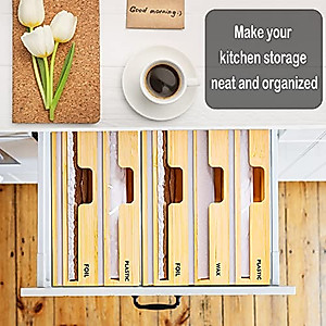 Tuipm Wrap Dispenser with Cutter, Plastic Wrap, Aluminum Foil and Wax Paper Dispenser for Kitchen Drawer, Bamboo Roll Organizer Holder, 3 in 1 Wrap Dispenser Compatible with 12" Roll