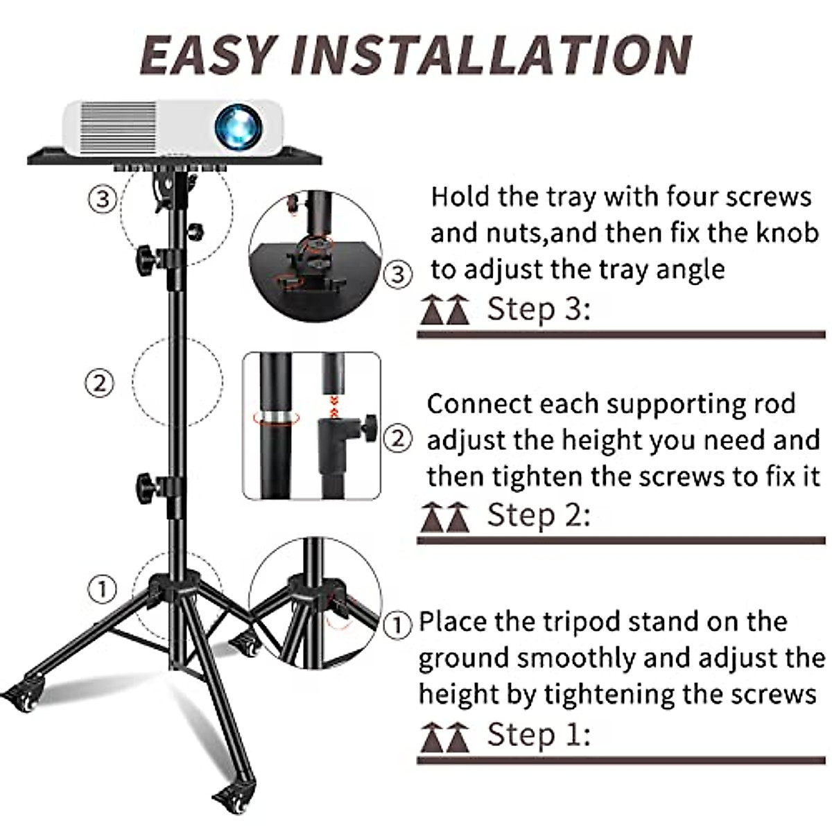 PPH-Sisy Projector Stand with Wheels,Foldable Laptop Tripod Adjustable Height Projector Tripod Stand 29 to 73 Inch with Removable Mouse Tray and Phone Holder for Office ,Home, DJ Racks