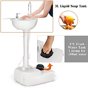 S AFSTAR Portable Camping Sink, Hand Wash Basin Stand w/ 17L Water Tank & Soap Dispenser, Rolling Hand Washing Station w/Towel Holder & Foot Pump, for Garden, Outdoor Sink Hand Wash Station