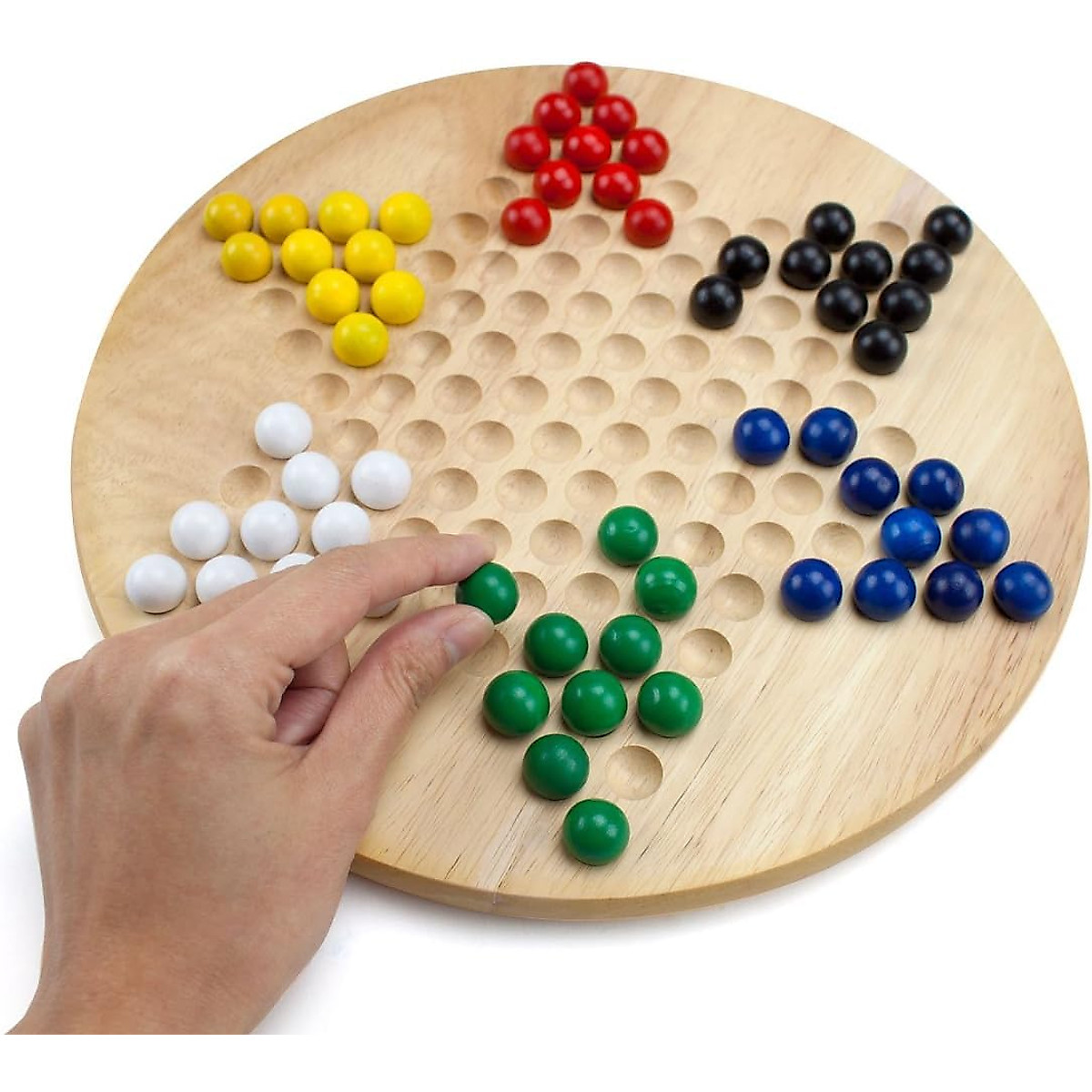 Brybelly Chinese Checkers Game Set with 11.5 in Natural Wood Checkers Board | 60 Wood Marbles in 6 Bright Colors for Adults, Boys and Girls Game Playing