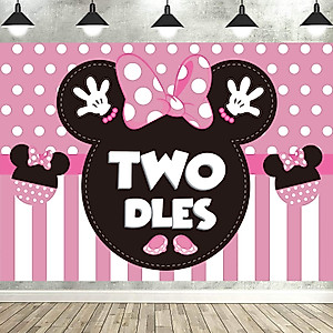 HEETON Pink Mouse Twodles Birthday Party Supplies Decorations Pink Girl Second Fabric Banner Backdrop for Baby Two Years Old 2nd Birthday Photo Props Background -7 x 5ft