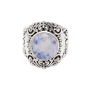 NOVICA Artisan Handmade Rainbow Moonstone Cocktail Ring from Bali Sterling Silver Indonesia [ring Front 0.9 in L x 0.8 in W x 0.3 in H Band Width 3 mm W] ' Nighttime Garden'