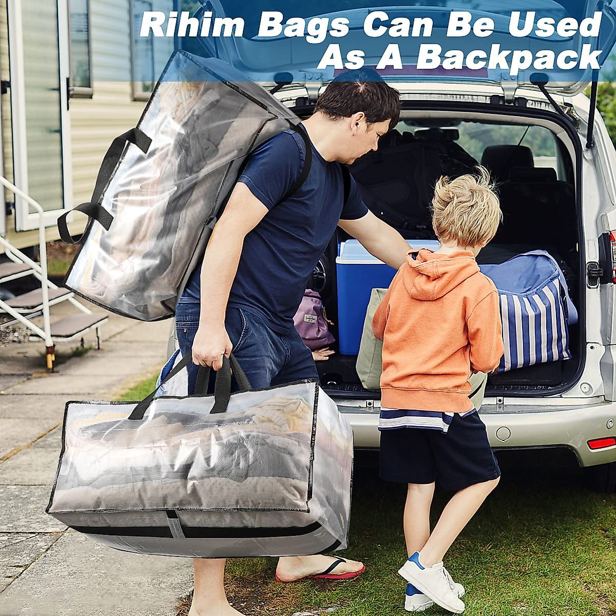 Rihim Moving Bags 90L - 4 Clear Heavy Duty Extra Large Storage Bags for Clothes - Packing Bags with Backpack Straps Strong Handles Zippers - College Travelling Christmas Storage Moving Totes