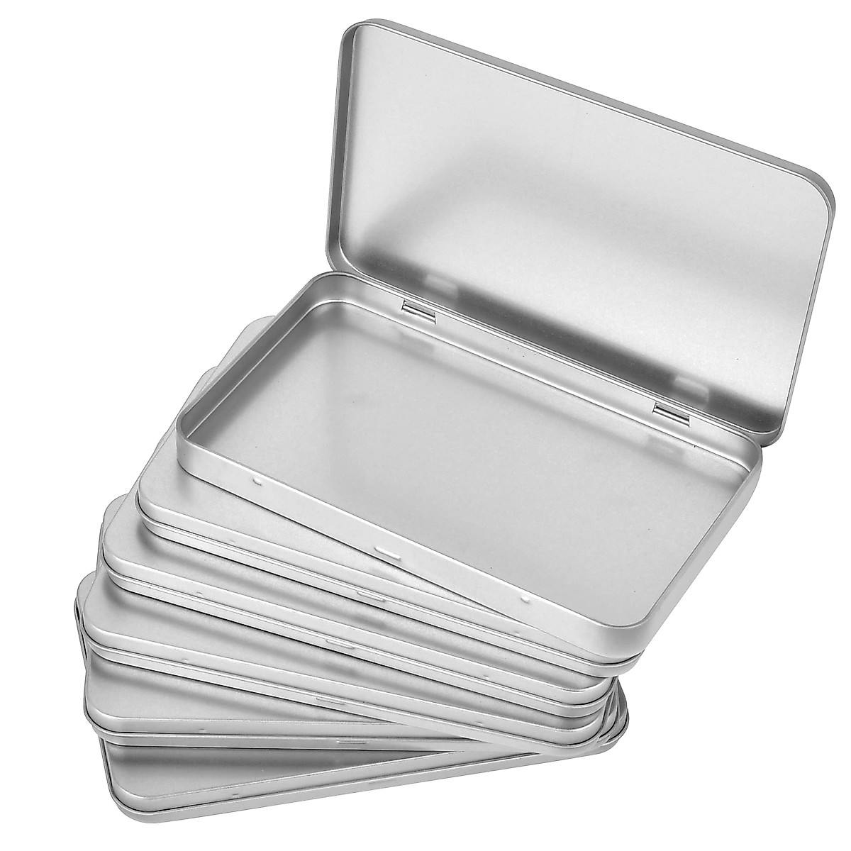 Elesunory 6Pcs Metal Rectangular Tin Metal Hinged Lid, Mini Portable Small Storage Container Tin Box, Metal Box with Hinged Lid for Home or Outdoor Active Storage (Silver)