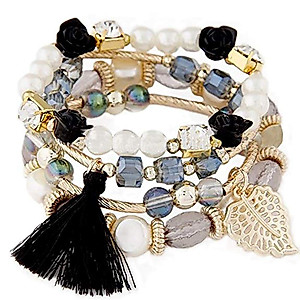 yunanwa 5 PACK Multilayer Bohemian Beaded Bangle Bracelet Crystal Charm Stretch Beach Stack-able Multi-color Boho Bracelets Jewelry Set