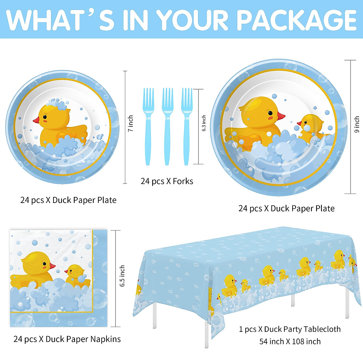 APOWBLS Rubber Duck Decorations Tableware - Duck Party Supplies For Baby Shower Birthday, Paper Plate, Napkin, Tablecloth, Fork, Bubble Bath Rubber Duck Party Decorations Dinnerware | Serve 24