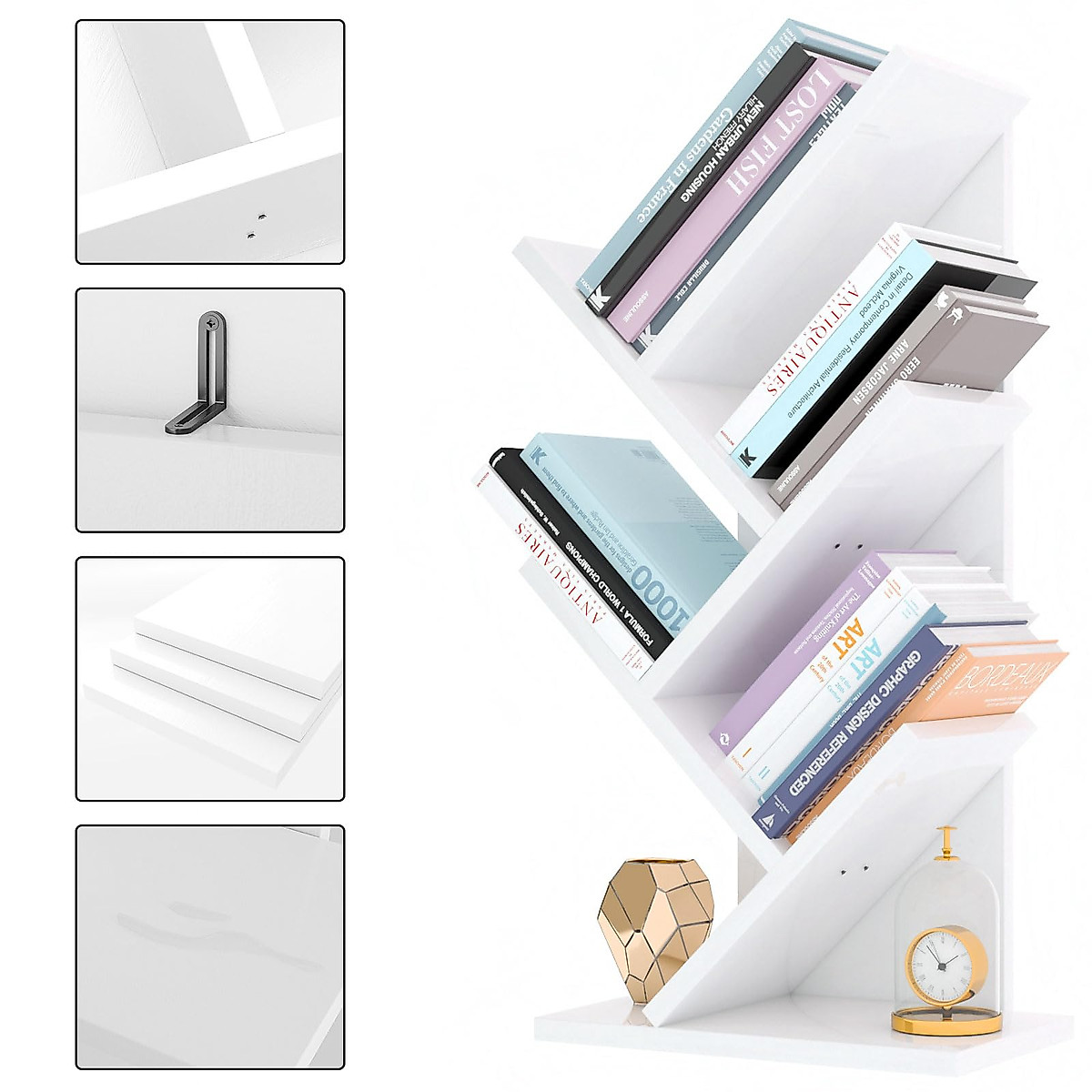 YMYNY 4 Tier Tree Bookshelf, Small Bookcase, Modern Wood Book Storage Rack, Freestanding Book Shelf for Books/Movies/CDs, Narrow Display Rack for Living Room, Home Office, Rustic Brown UHBC014H