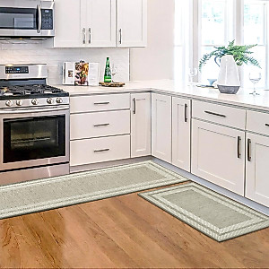 Artoid Mode Rubber Non-Slip Washable Absorbent Kitchen Rugs and Mats Set of 2, Kitchen Mats for Floor Kitchen Runner Hallway Laundry Room in Front of Sink Beige Grey - 17x29 and 17x47 Inch