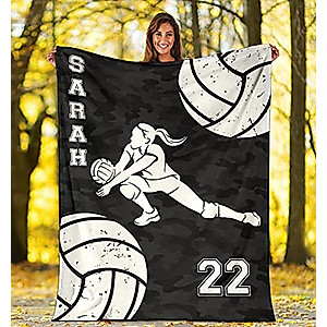 Custom Volleyball Black Camo Libero Volleyball Girl Personalized Name Number Premium Quality Sherpa Fleece Throw Blanket 3D Printed Warm Fluffy Cozy Soft Tv Bed Couch Comfy Microfiber Velvet Plush