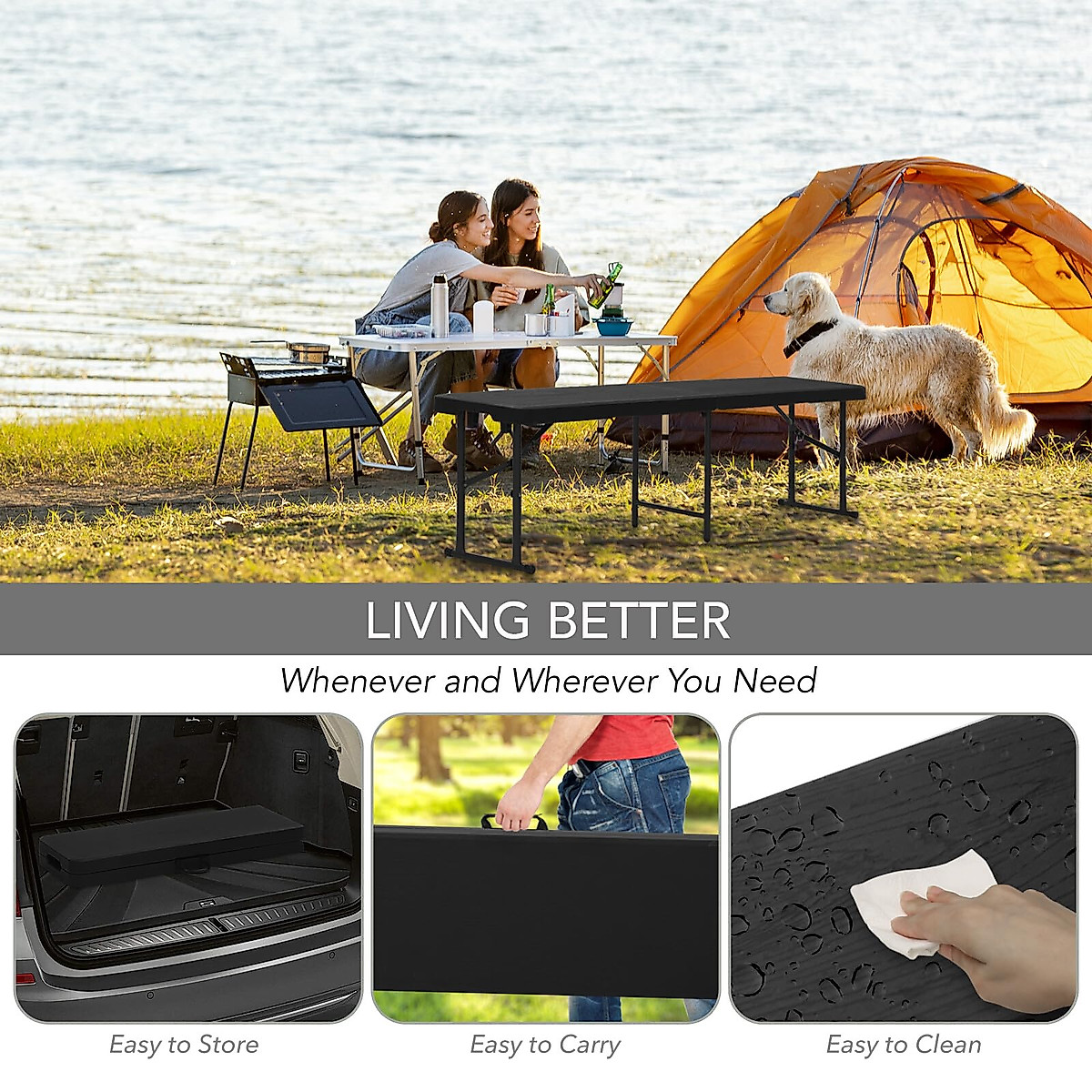 AJP Distributors 2 Pack 6 Foot Portable Plastic Folding Bench 6FT 72" Half Foldable Heavy Duty Seat w/Carry Handle - Indoor Outdoor Backyard Camping Picnic BBQ Party Wedding Dining Event Meeting Black