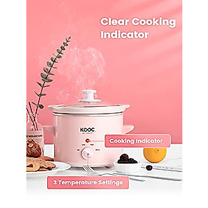KOOC Small Slow Cooker, 2-Quart, Free Liners Included for Easy Clean-up, Upgraded Ceramic pot, Adjustable Temp, Nutrient Loss Reduction, Stainless Steel, Pink, Round
