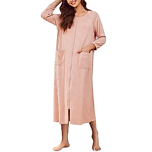 Ekouaer Zipper Robes for Women Ribbed Knit Bathrobe Lightweight Full Length Loungewear with Pockets Misty Pink,L