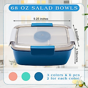 Tessco 6 Pcs Large Salad Container for Lunch 68 oz Salad Bowls Stackable Lunch Box Containers with 5 Compartment and Sauce Cups for Adults Meal Snack Food Dressing Fruit, Pink Green Blue