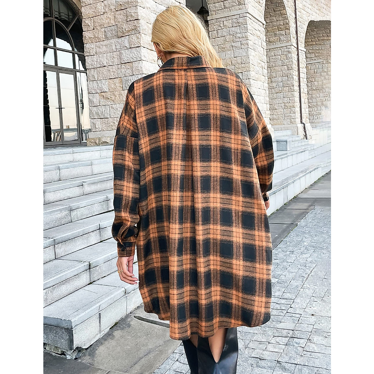 BMJL Womens Button Down Flannel Shirts Oversized Buffalo Plaid Shacket Long Sleeve Shirt Dress Long Jacket Coat Fall Tops fashion 2023(Brown, M)