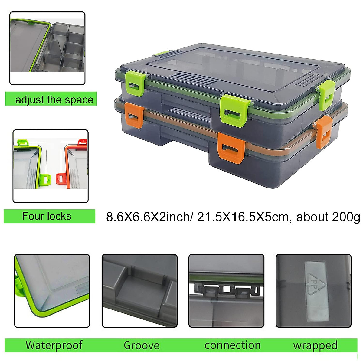 2PC JOYGO FISHAN Waterproof Fishing Tackle Boxes DIY Trags Organizer Box Transparent Adjustable Dividers Hold Fishing Lure Box Easy to Open Latches 2 Size Choice (Orange+Green 8.6*6.6*2inch)