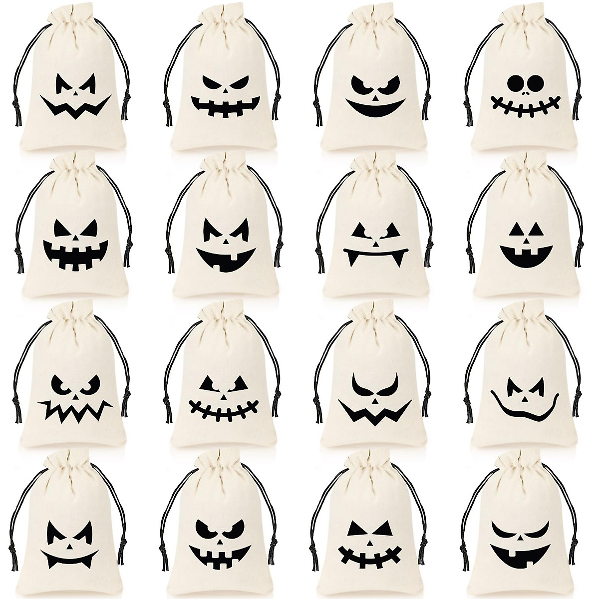 Shappy 48 Pcs 16 Styles Halloween Pumpkin Burlap Candy Bags Bulk with Drawstring Bags 4 x 6 Inch Pumpkin Goody Bags Trick or Treat Halloween Burlap Bags for Kids Halloween Party (White)