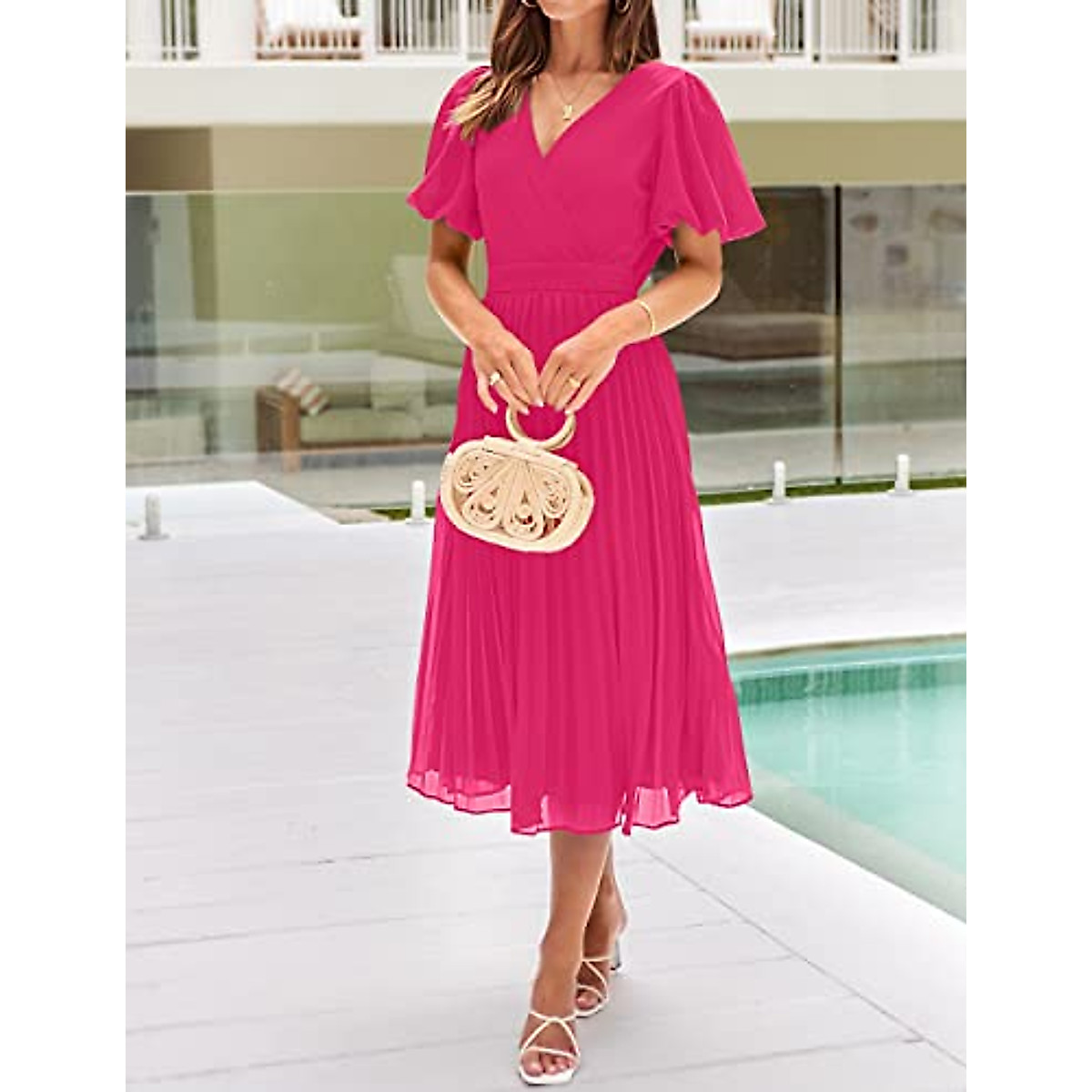 MEROKEETY Summer Dress for Women 2023 Wrap V Neck Bubble Sleeve Pleated Party Midi Dresses,HotPink,S