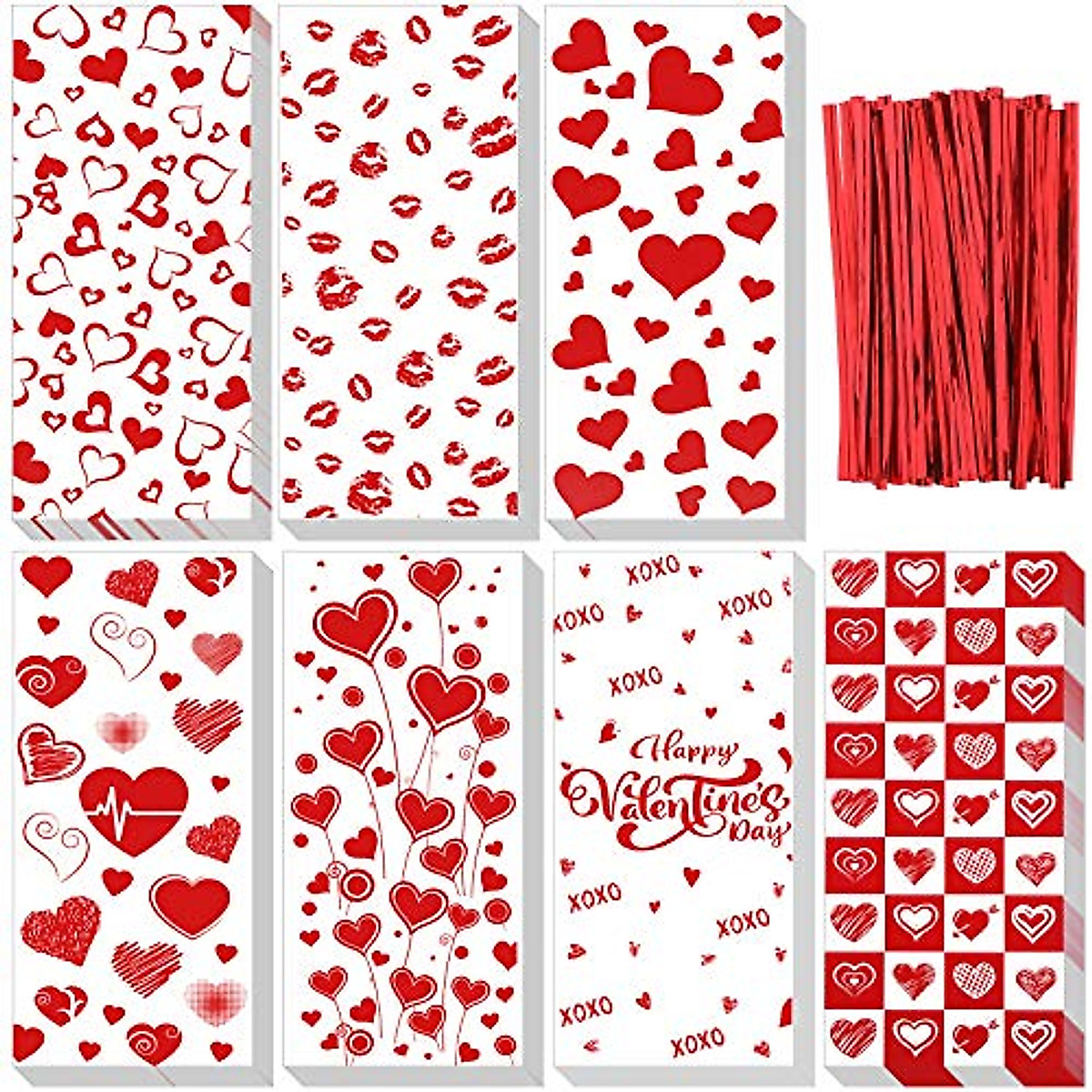 Zonon 175 Pieces Valentine Party Favor Bags Valentine Goodies Bags Valentine Cellophane Bags Valentine Cookie Bag with 200 Pieces Twist Ties for Valentine Party Candy and Cookies