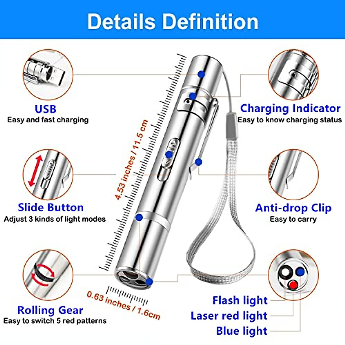 Cat Laser Toy, Laser Pointer Interactive Cat Toy for Indoor Cats Dogs, Red Light Lazer Pointer 7 Adjustable Patterns, Long Range 3 Modes USB Rechargeable Pet Kitten Laser Toy Teaching/Presentation Pen