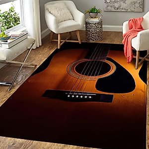 Vintage Classic Wooden Guitar Area Rug, Fashion Music Lover Bedroom Rug, Machine Washable Breathable Soft Anti-Skid Floor Rugs for Family Bedside Living Room Study Room Sofa, 6x8ft