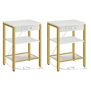 HOOBRO End Tables Set of 2 with Charging Station and USB Ports, 3-Tier Nightstands with Adjustable Shelves, Small Side Tables for Small Space in Living Room, Bedroom, White and Gold DW112BZP201G1