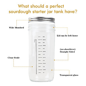 HKCDUUT Sourdough Starter Jar for Sourdough Bread Baking, Sourdough Starter Kit With Date Marked Feeding Band, Thermometer, Scraper, Sourdough Container Sewn Cloth Cover & Metal Lid (730ml/24Oz)
