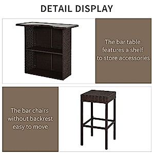Outsunny 5 Pcs Rattan Wicker Bar Set with Glass Top Table and 2 Tier Storage Shelf, 1 Table and 4 Bar Stools for Outdoor, Patio, Garden, Poolside