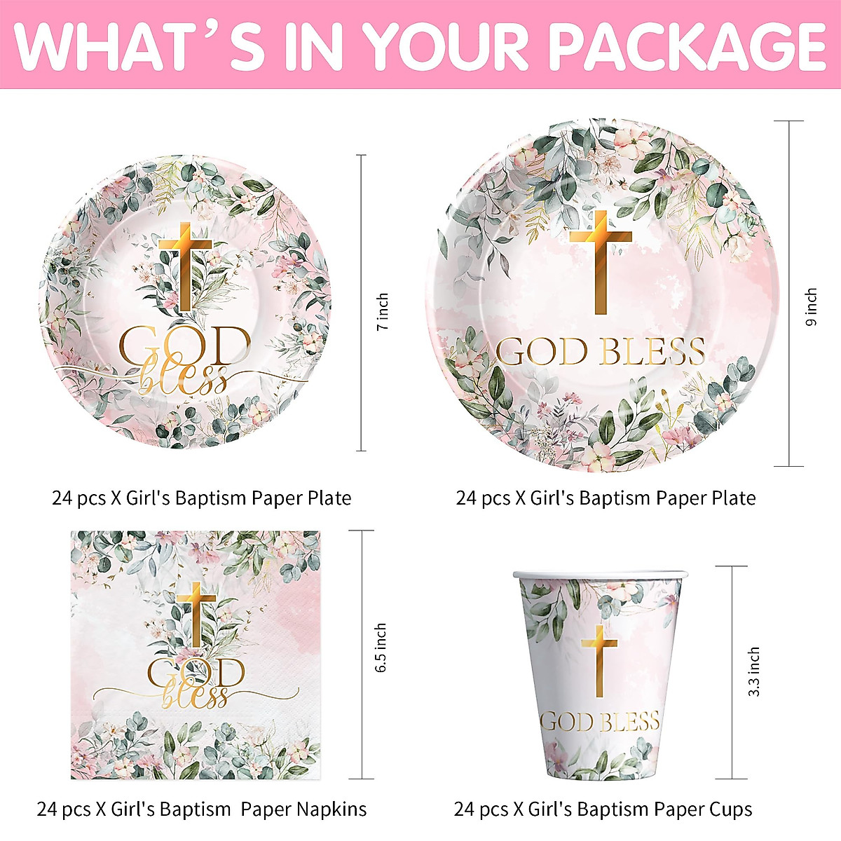 Suhelkit God Bless Baptism Plates And Napkins Girl - First Communion Decorations Party Tableware, Plate, Cup, Napkin, Tablecloth, Cutlery, For Christening Celebration Baby Shower Religious | Serve 24