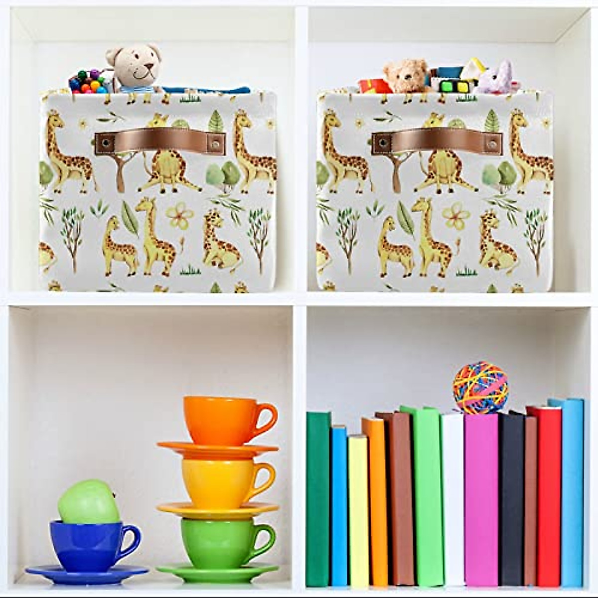 Rectangular Storage Basket Storage Bin - Tropical Palm Leaves Giraffe Collapsible Storage Box with Leather Handles Fabric Organizer Bin Organizer for Boys and Girls