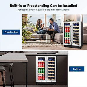 Tylza Upgraded Wine and Beverage Refrigerator 24 Inch, Dual Zone Wine Beverage Cooler with French Door, Under Counter Wine Beer Fridge Built-In or Freestanding, Holds 20 Bottles and 88 Cans TYBC120-3